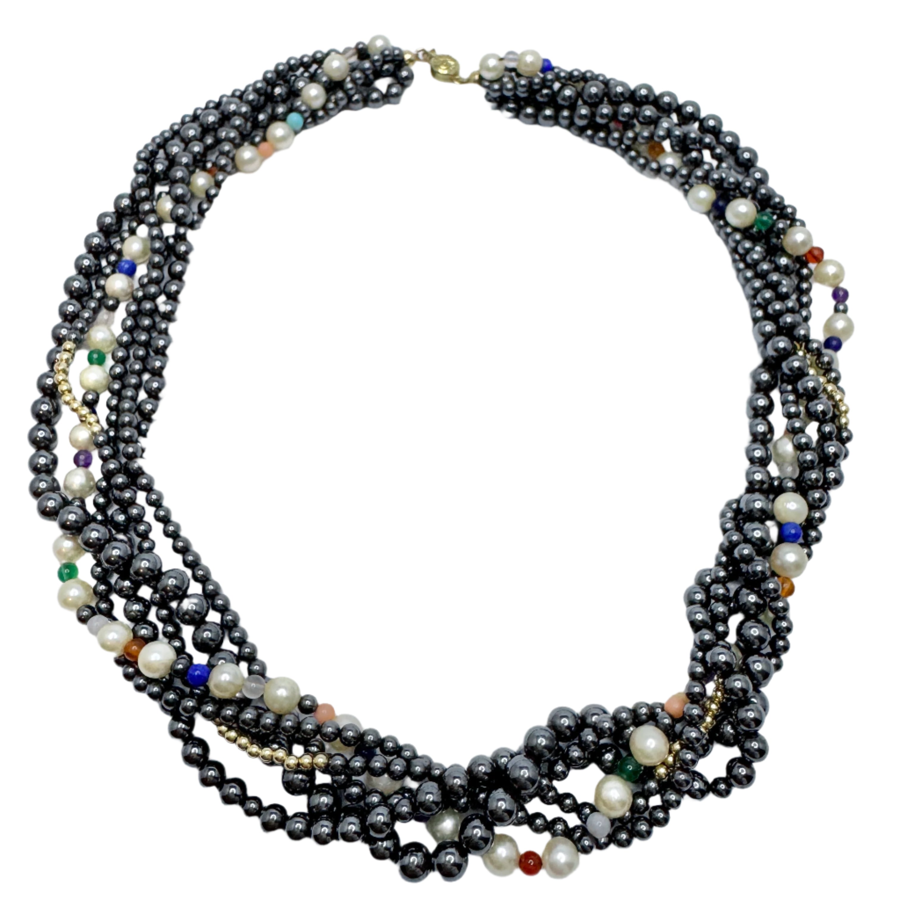 JKa Köhle, Germany. Vintage 14k Gold Hematite Pearl Multi Hardstone Ne ...